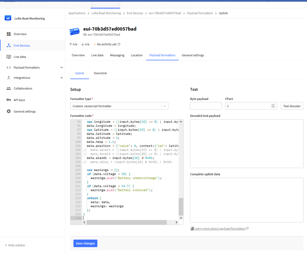 Applikation, Device und Payload Formatter bei TTN V3 – open-boat-projects.org