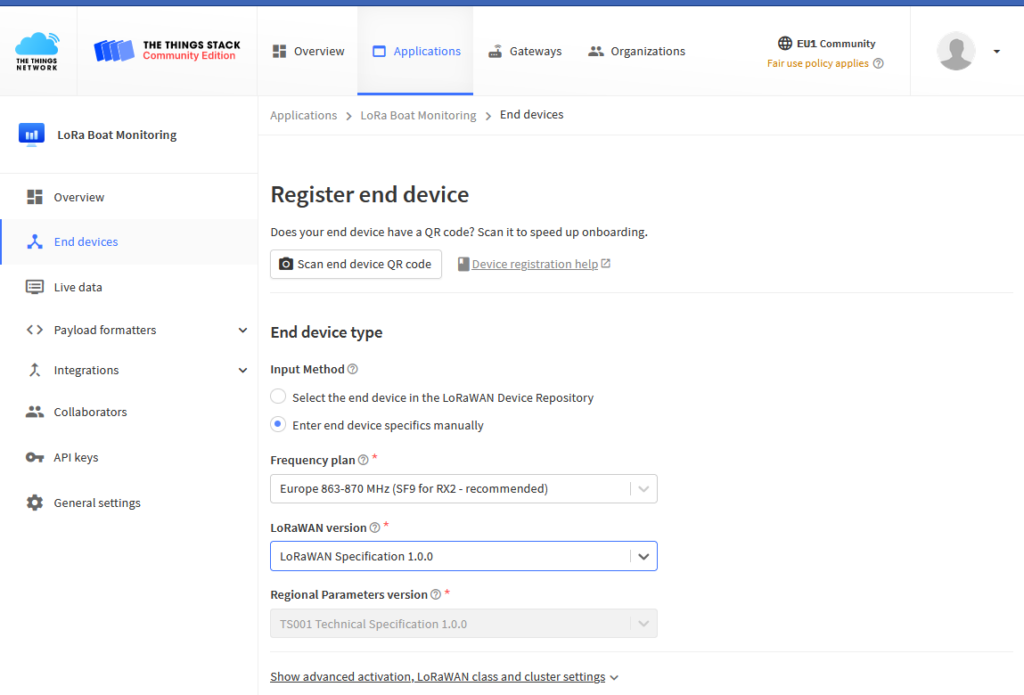Applikation, Device und Payload Formatter bei TTN V3 – open-boat-projects.org