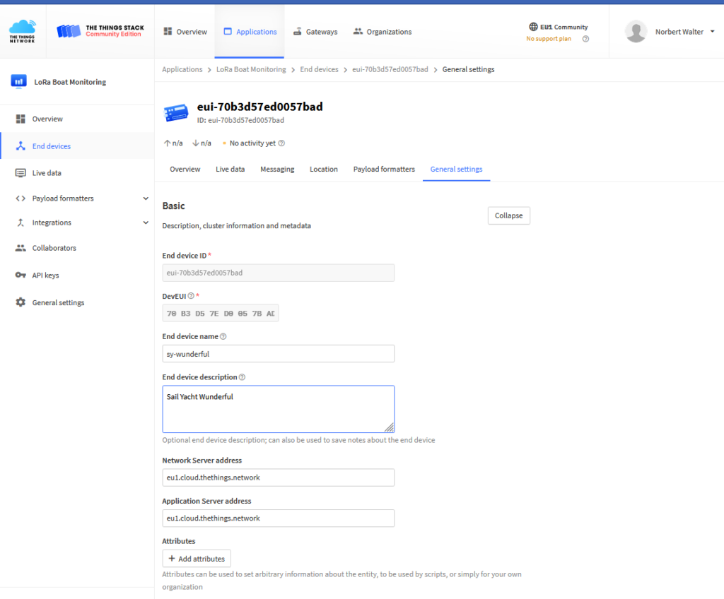 Applikation, Device und Payload Formatter bei TTN V3 – open-boat-projects.org
